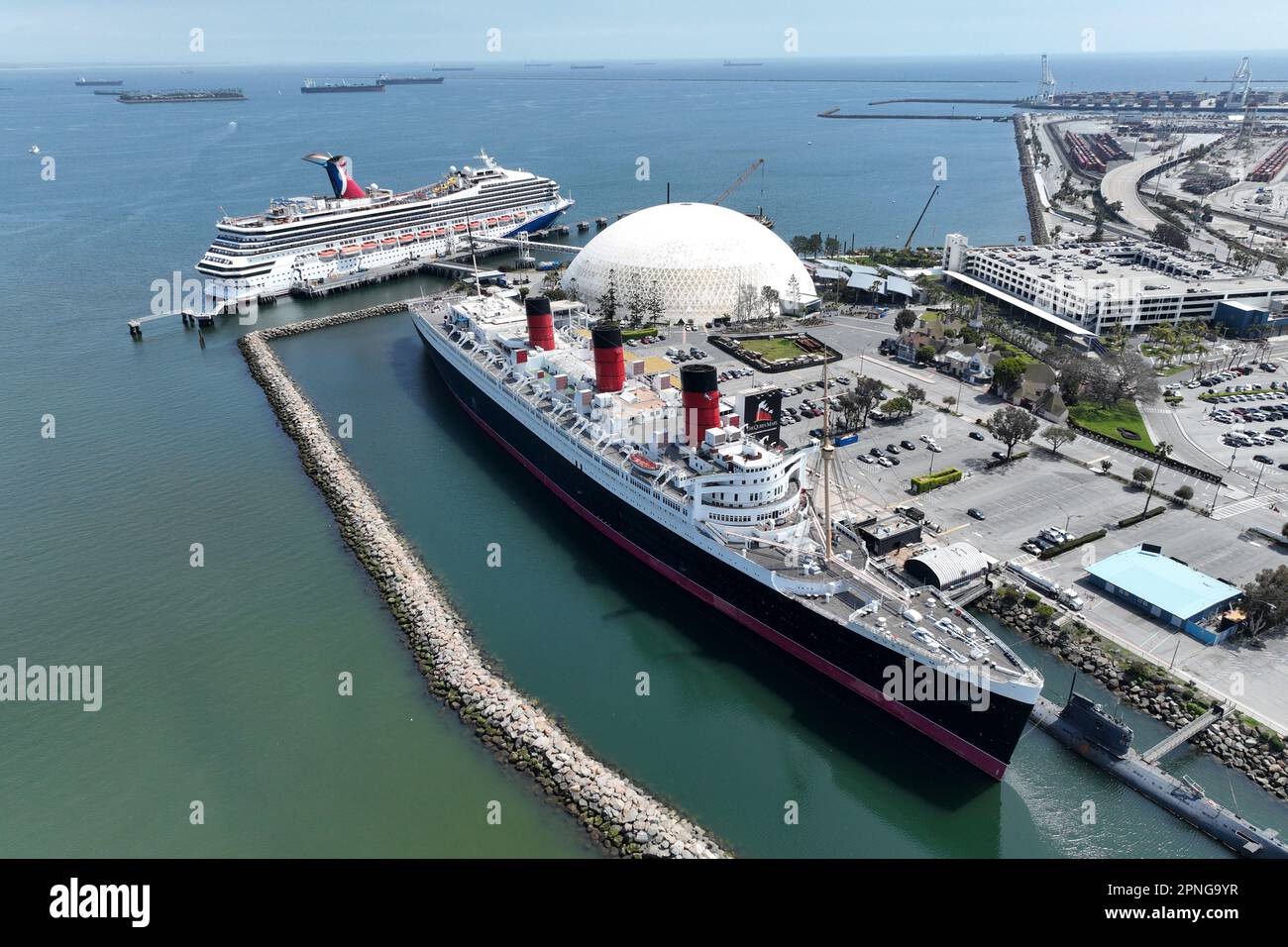 An aerial view of the Queen Mary and Spruce Goose Dome, Monday, April ...