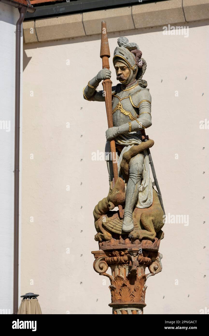 Georgsbrunnen eastern Muensterplatz, figure of St. George, dragon is ...