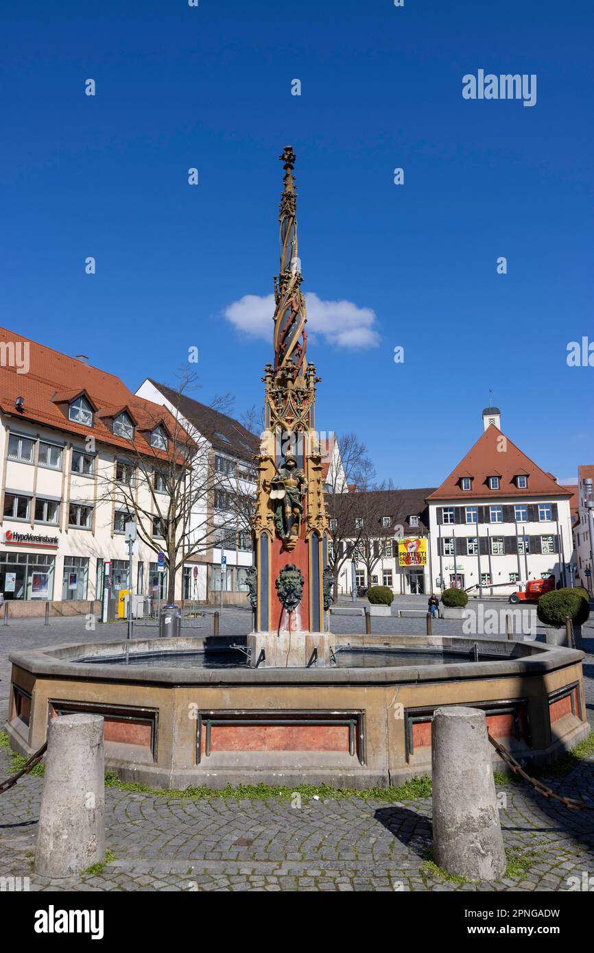 Fish box fountain in front of Ulm town hall, Ulm, Baden-Wuerttemberg ...