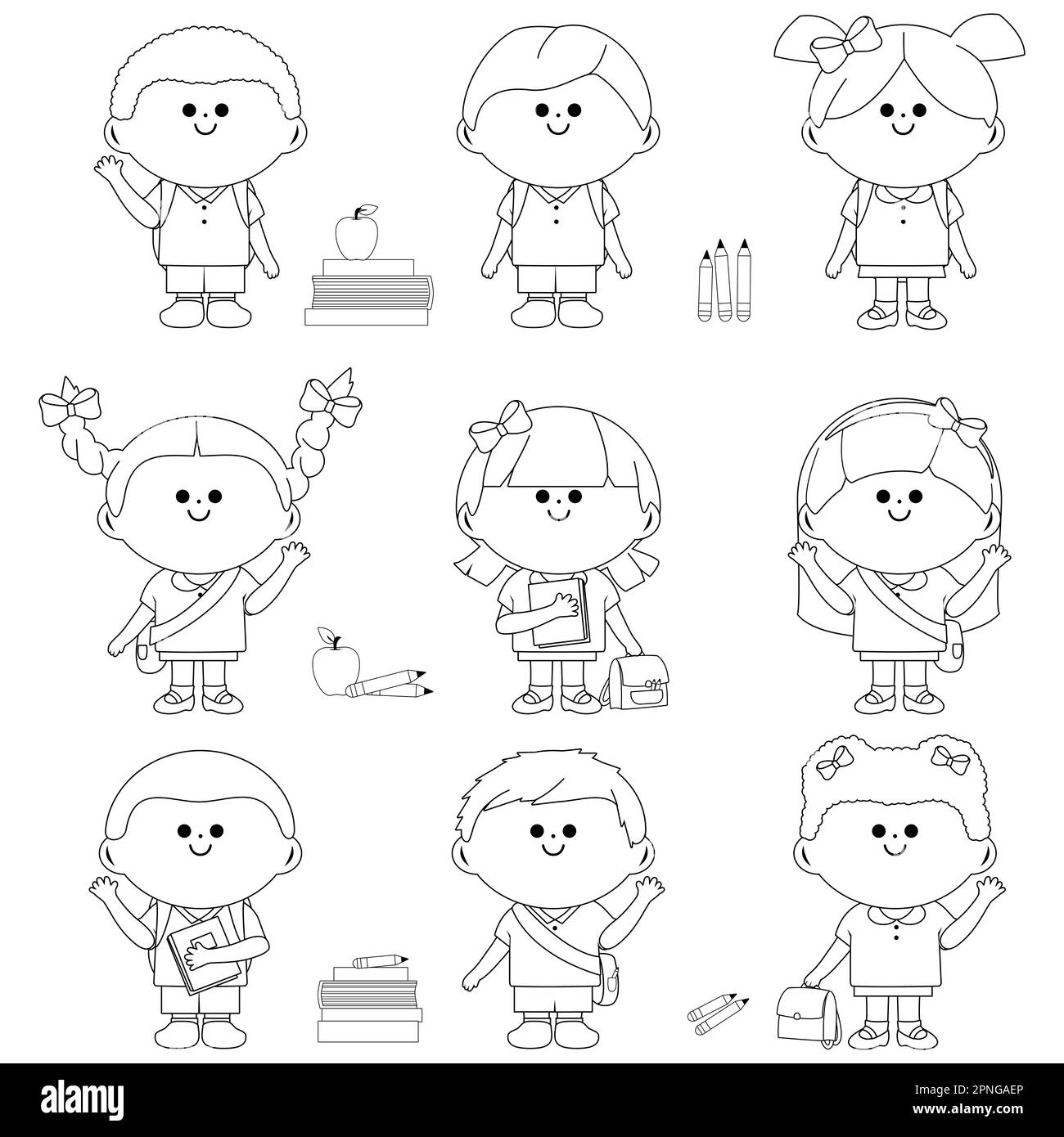 Group of children students. Black and white coloring page Stock Photo ...