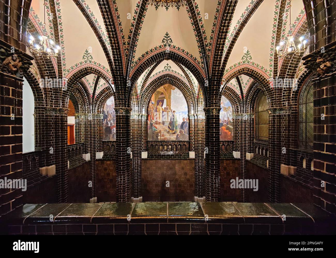 Historic Luebeck Town Hall, entrance hall with glazed clinker bricks ...