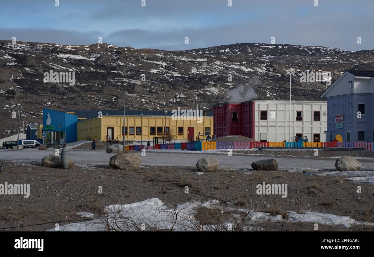 Street and building of the former US military base in Kangerlussuaq ...
