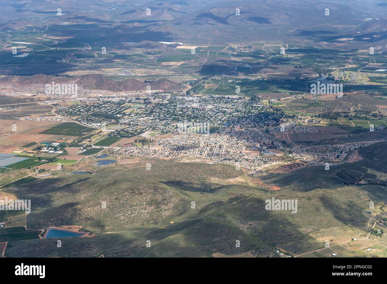 aerial landscape, from a glider, with Robertson little town and green ...