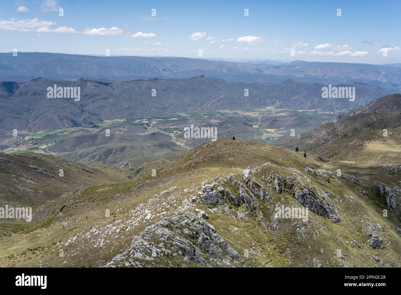 aerial landscape, from a glider, with Langeberge range rocky summit and ...