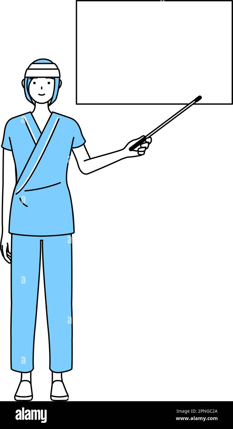 Female inpatient wearing hospital gown and bandage on head pointing at ...