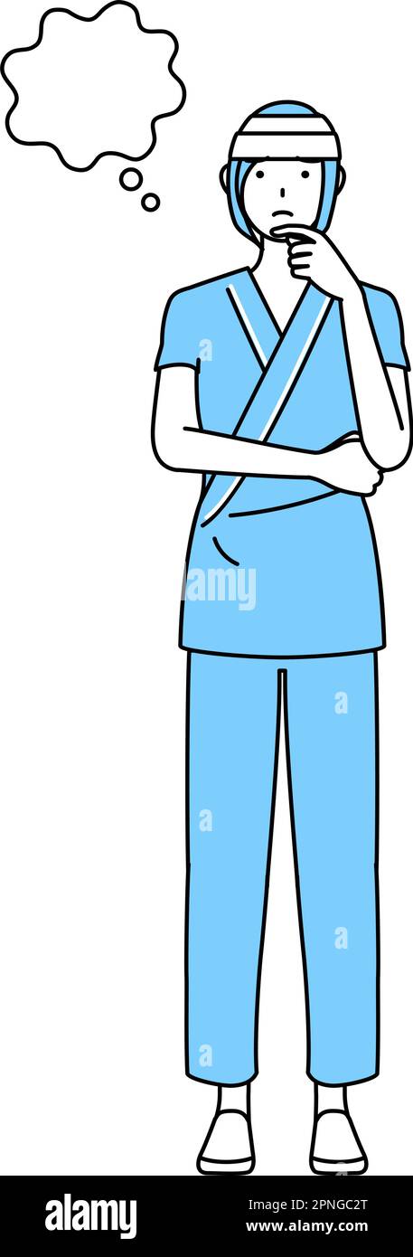 Female inpatient wearing hospital gown and bandage on head thinking ...