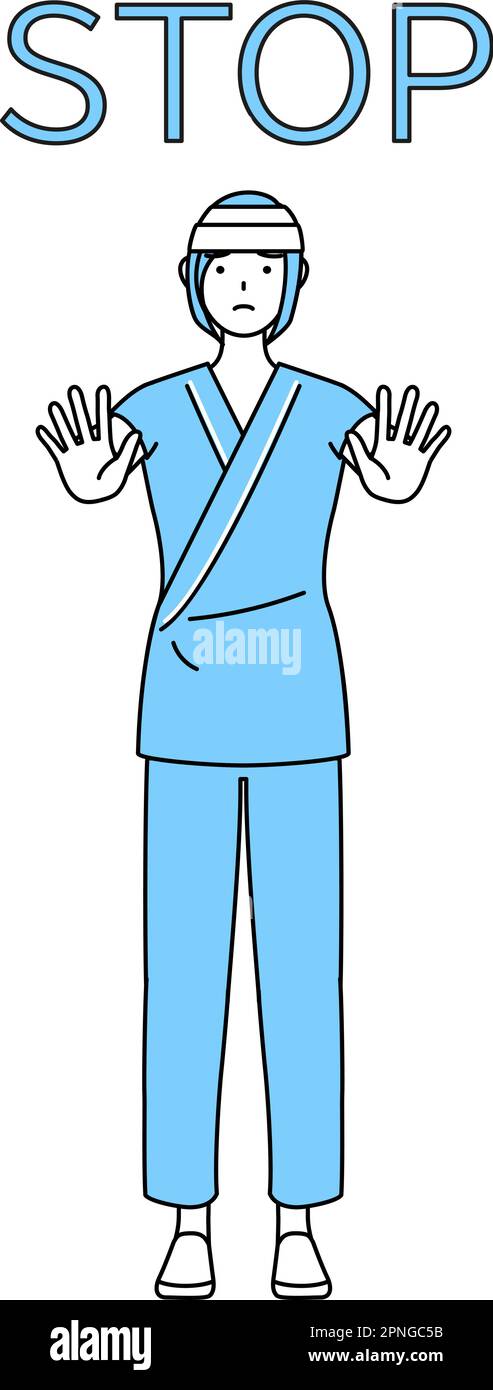 Female inpatient wearing hospital gown and bandage on head with her ...