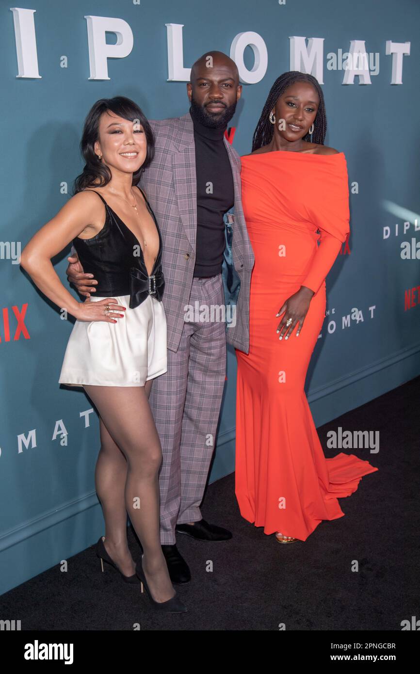 New York, United States. 18th Apr, 2023. (L-R) Ali Ahn, David Gyasi and ...