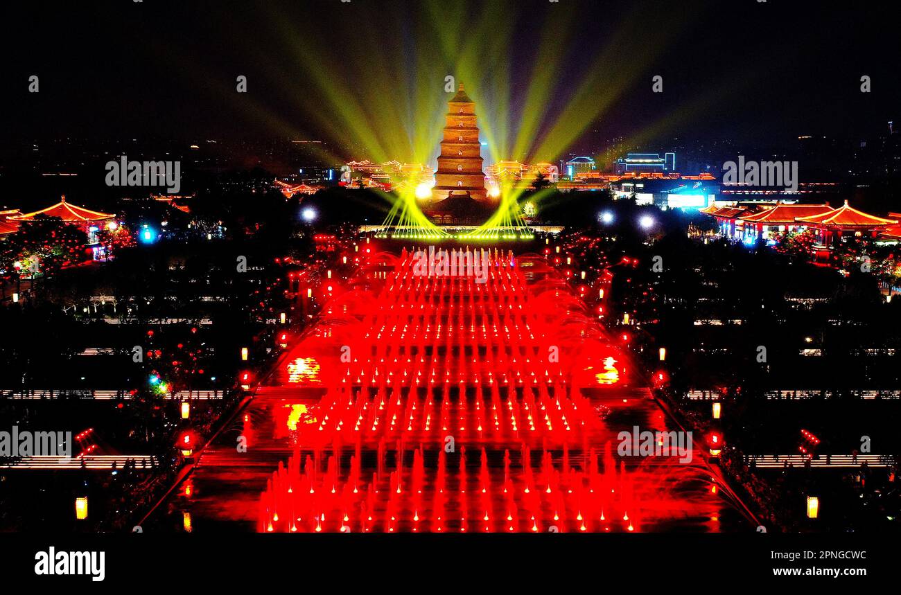 Xi'an. 18th Apr, 2023. This aerial photo taken on April 18, 2023 shows a music fountain show at ...