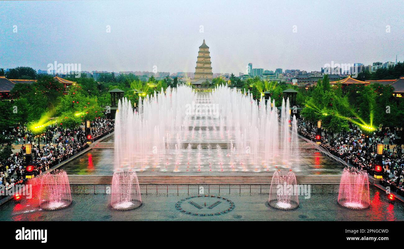 Xi'an. 18th Apr, 2023. This aerial photo taken on April 18, 2023 shows people watching a music ...