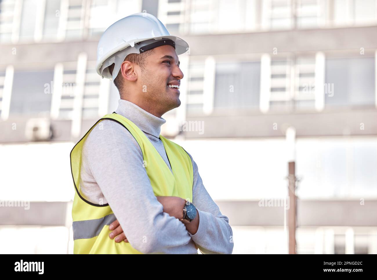 Construction worker, vision or arms crossed and a man architect ...