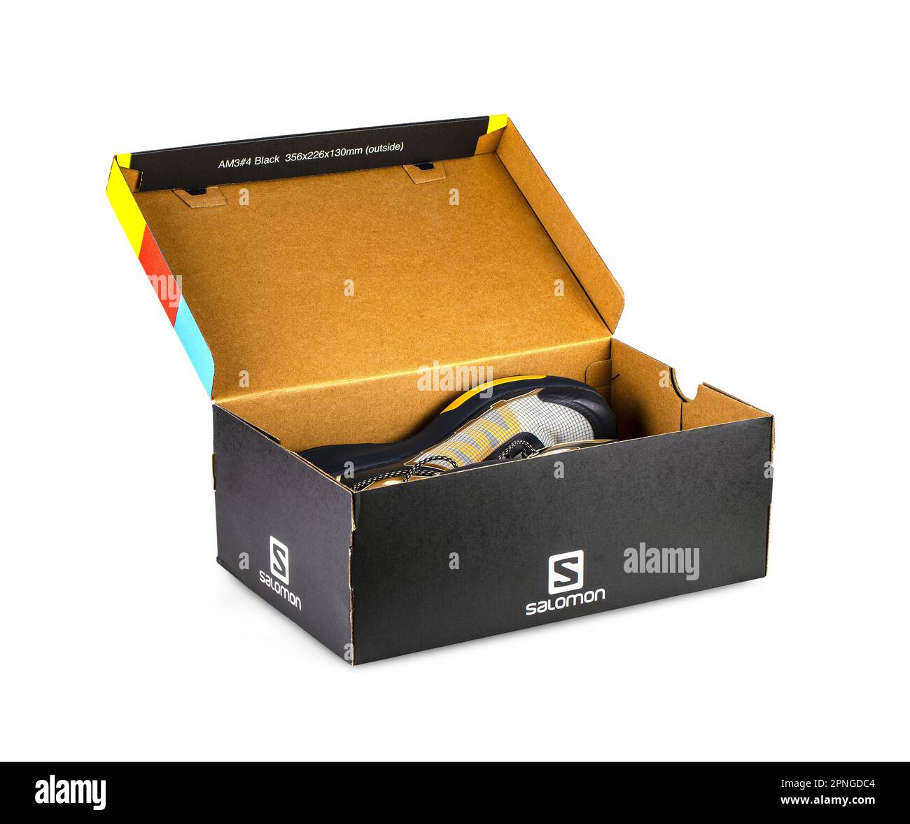 Salomon Sign On Salomon Shoe Box isolated on white background Stock ...