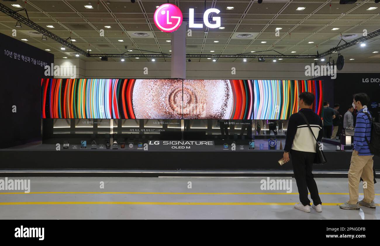 19th Apr, 2023. IT show in Seoul People look around displays at the World IT Show 2023 at COEX ...