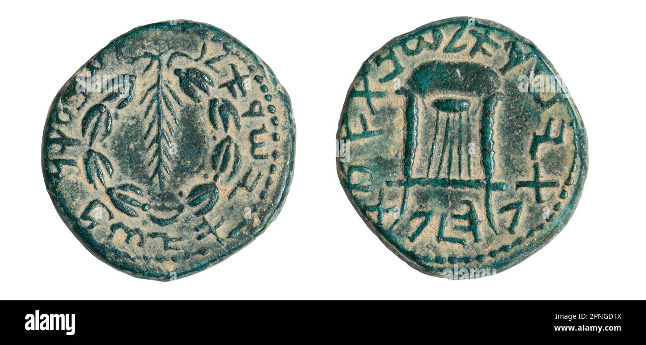 Bronze coin from the Shimon Bar Kokhba revolt 132-135 AD. Left wreath ...