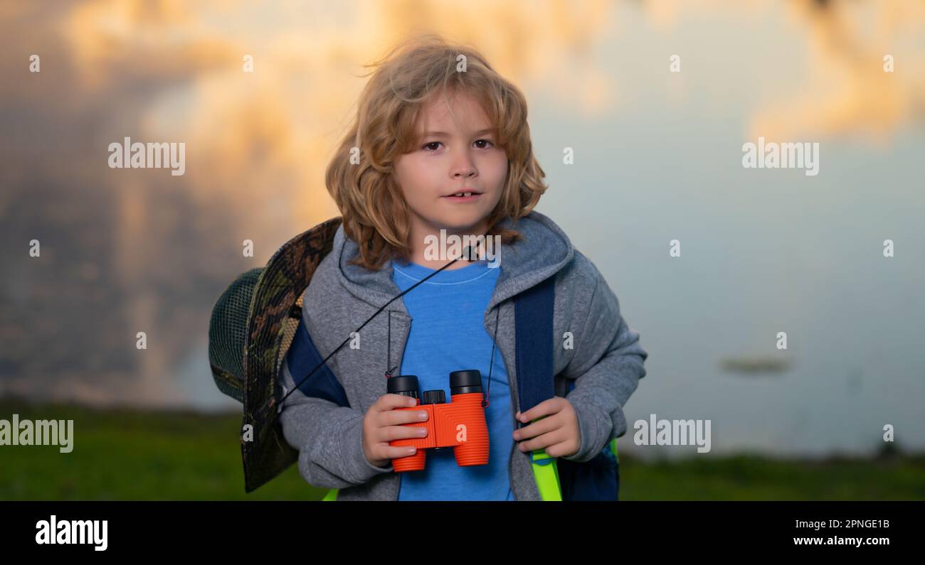 Childhood. Travel and adventure concept. Little child boy tourist ...