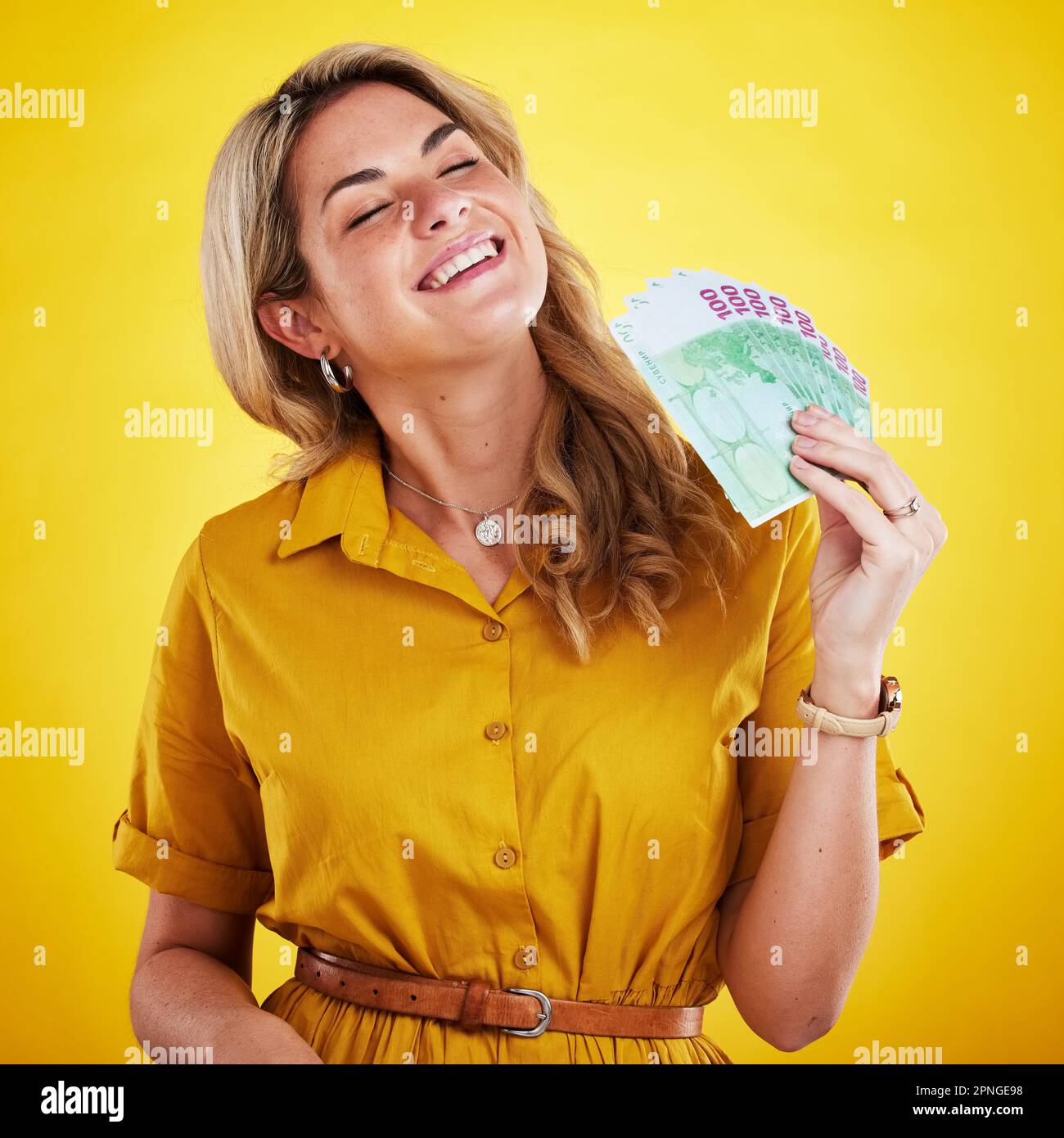 Smile, rich and woman with cash, winning and wealthy lady against a ...