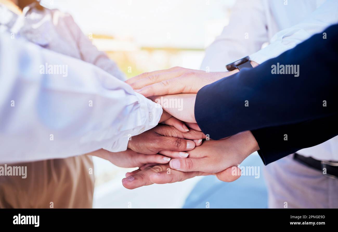 Business people, hands together and teamwork in agreement ...