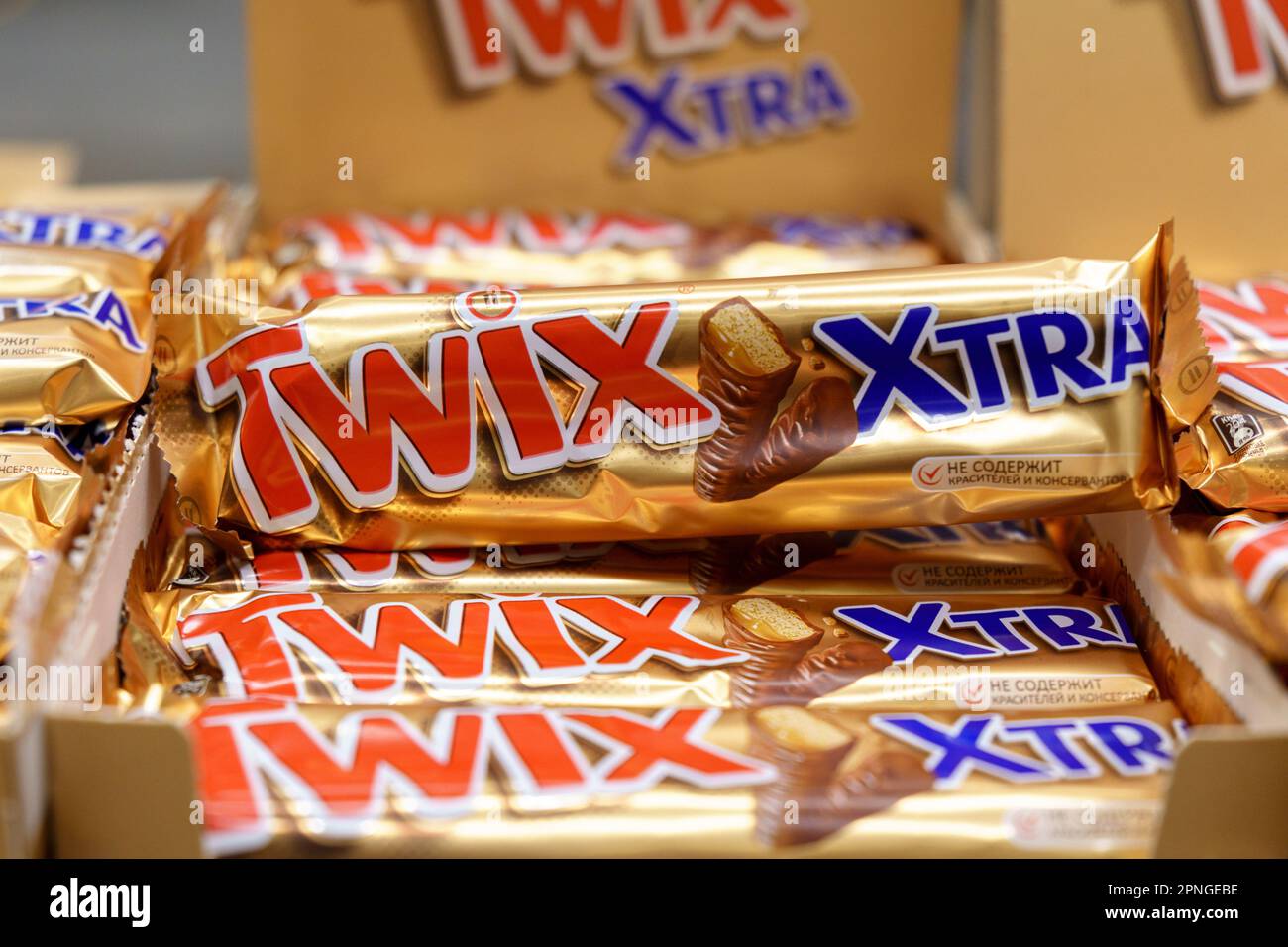 Tyumen, Russia-January 26, 2023: Twix is a caramel shortbread chocolate bar made by Mars, Inc ...