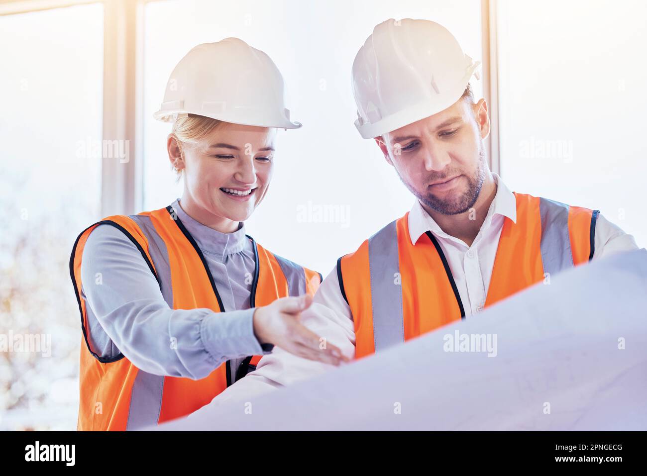 Architect, teamwork and planning with blueprint for construction, idea ...