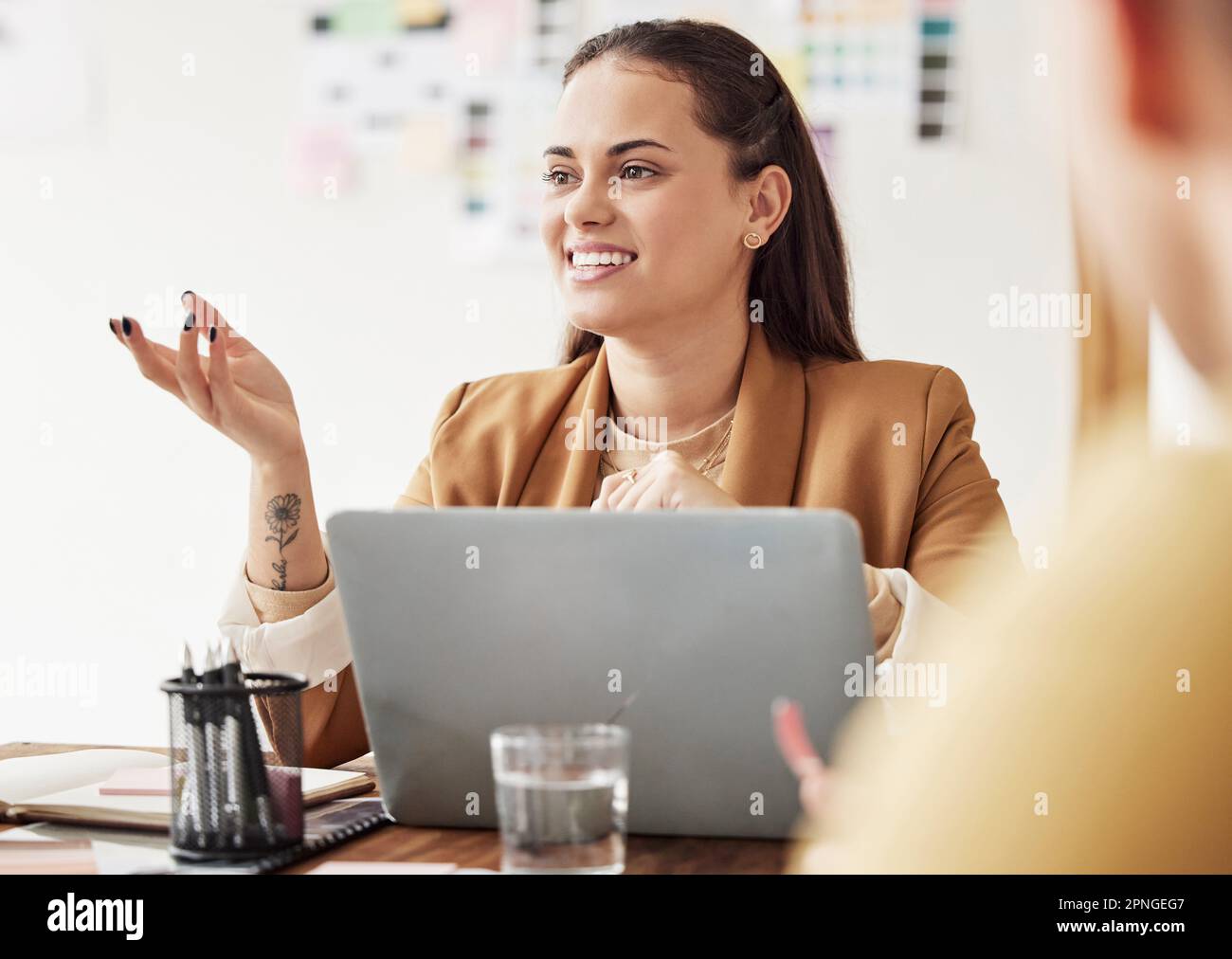 Interior design, talking and woman architect in a company meeting for ...