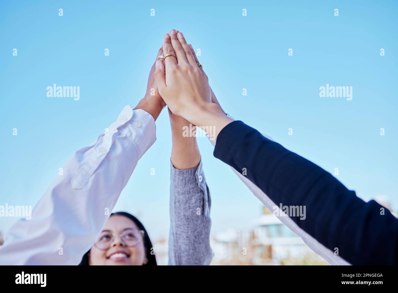 Business people, hands and high five for teamwork, winning or success ...