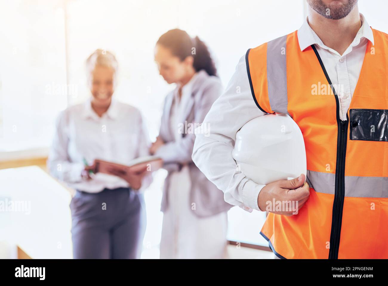 Architect, safety helmet and meeting for construction planning ...