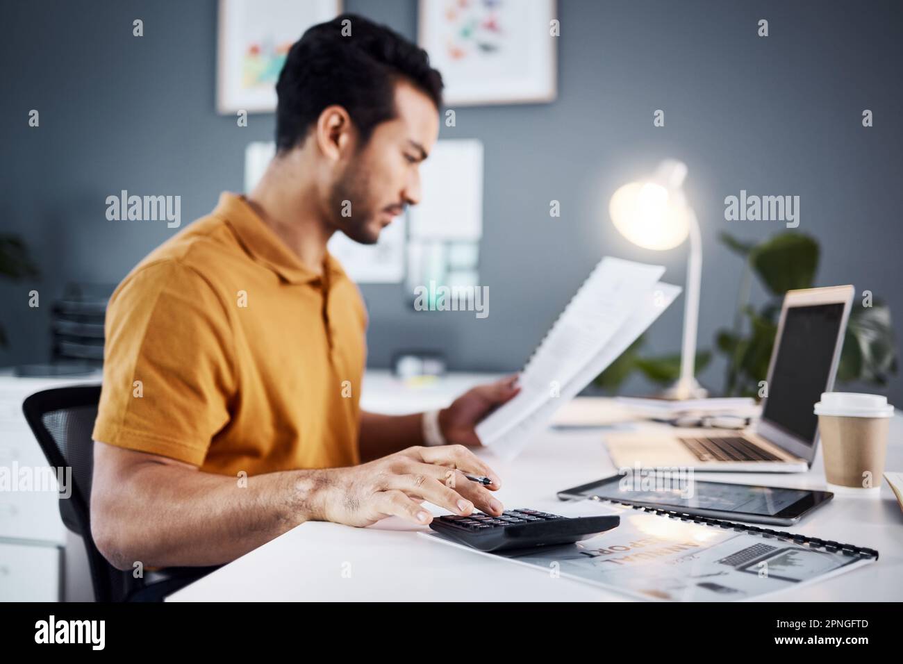 Finance, calculator and business man with documents for project budget ...