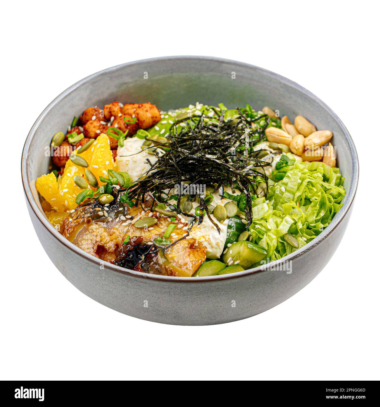 Isolated portion of eel poke bowl with chickpeas Stock Photo - Alamy