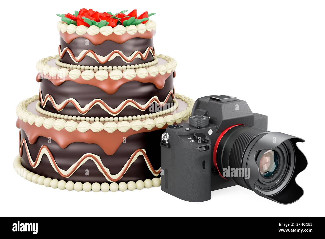 Chocolate Cake with digital camera, 3D rendering isolated on white ...