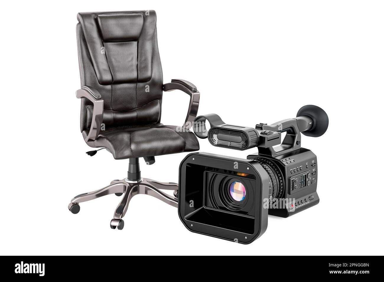 Professional video camera with office chair. 3D rendering isolated on ...