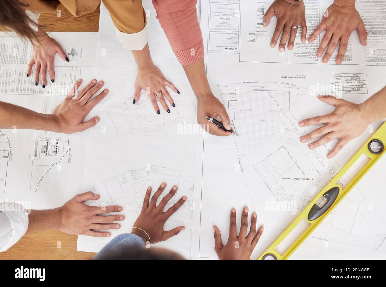 Blueprint, architecture and hands of people drawing for planning, floor ...