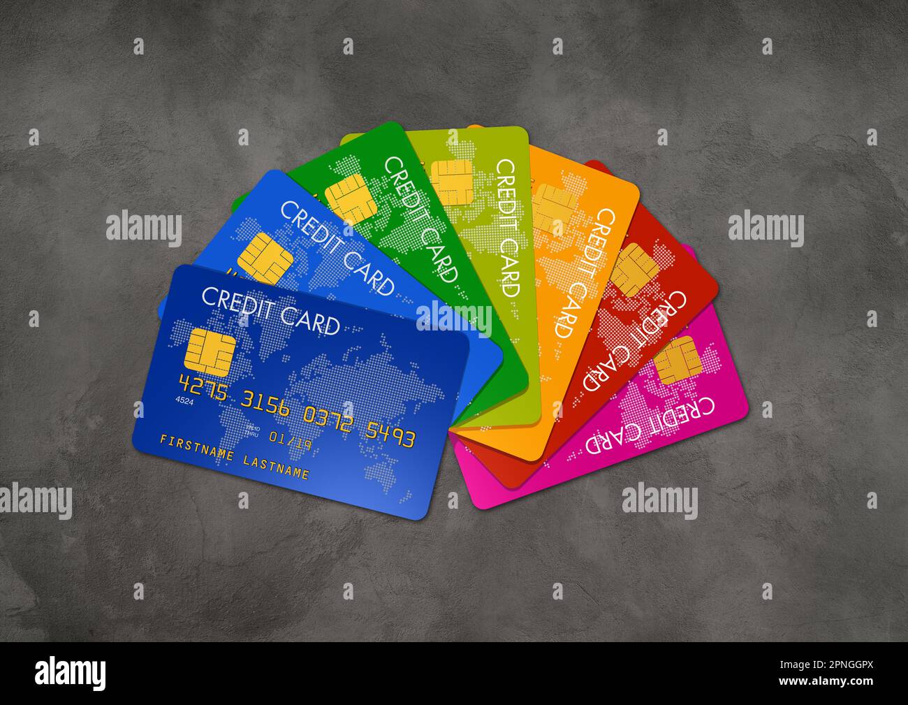 Colorful credit cards on a dark concrete background. 3D illustration ...