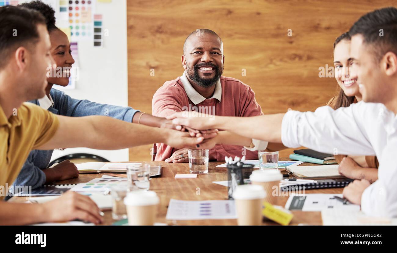 Hands together, business people and portrait of meeting success and ...