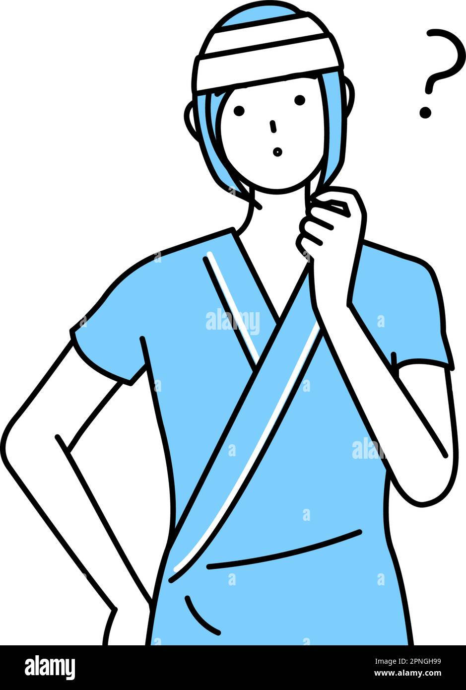 Female inpatient wearing hospital gown and bandage on head nodding her ...
