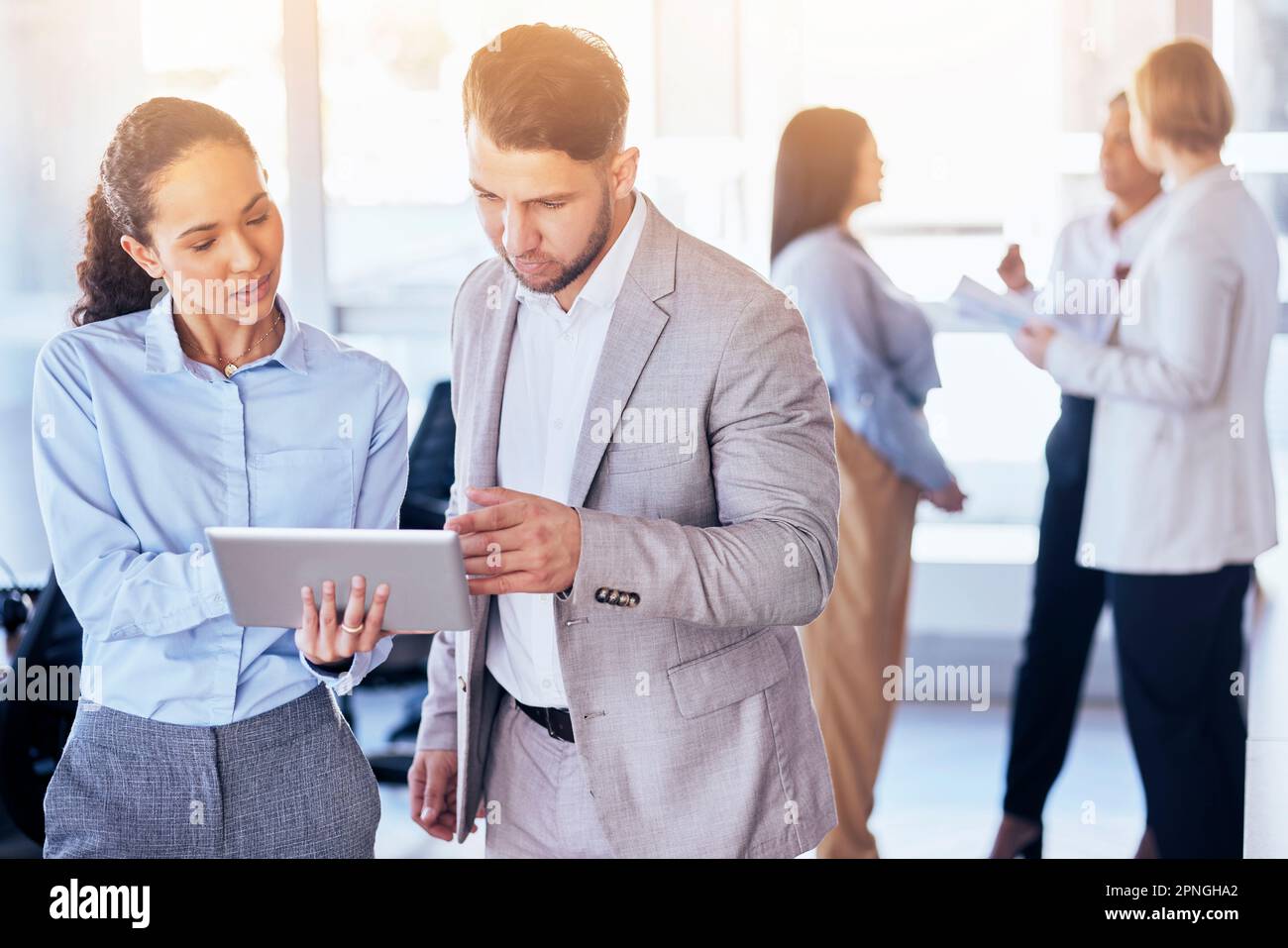 Business people, tablet and planning in management for meeting ...