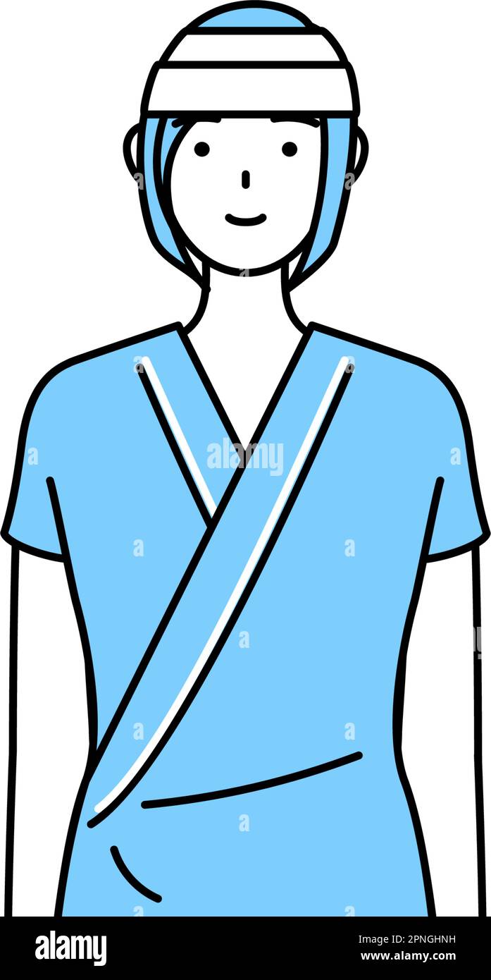 Female inpatient wearing hospital gown and bandage on head with a smile ...