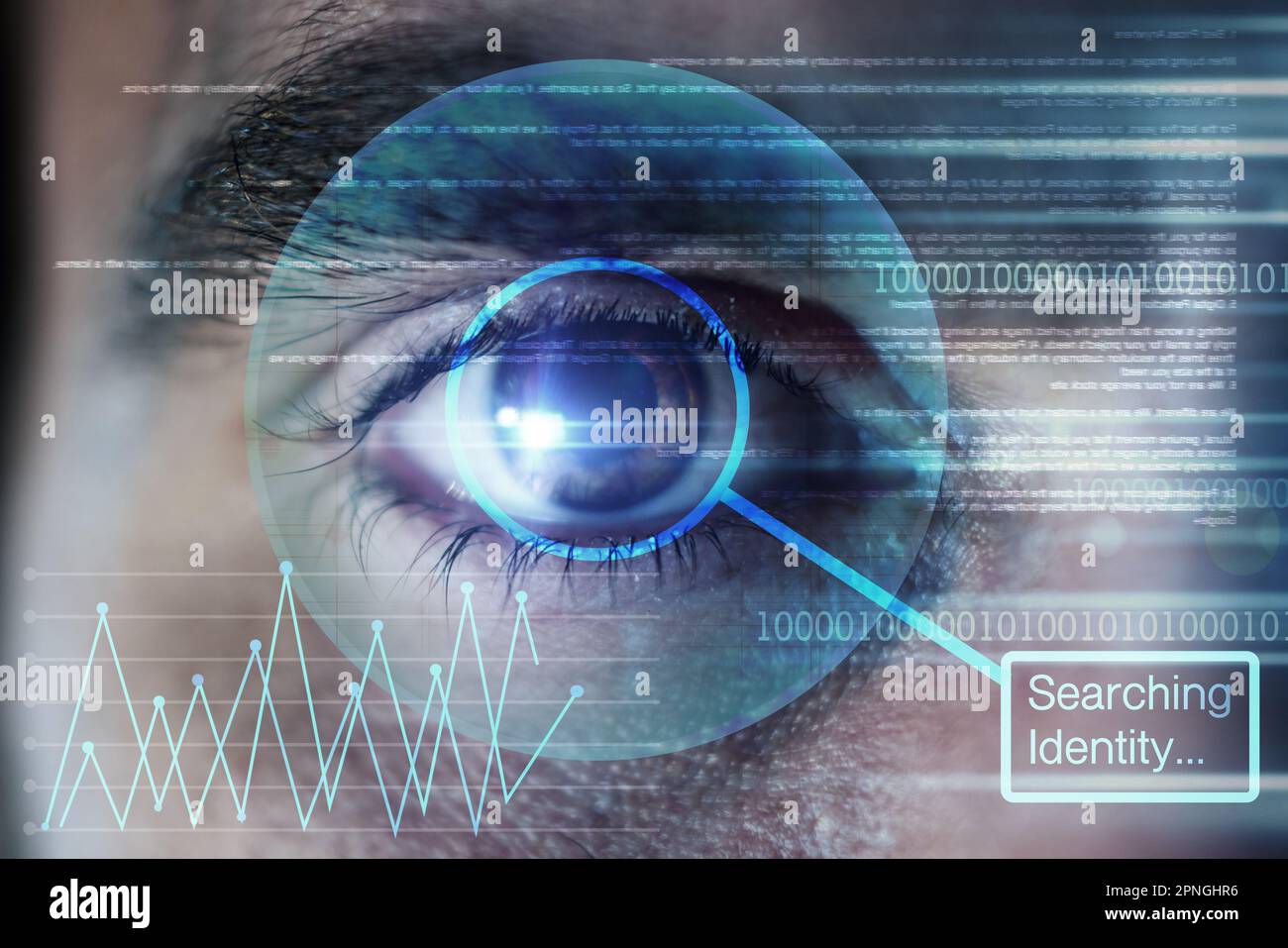 Identity, hologram or man with eye scan in digital cybersecurity ...