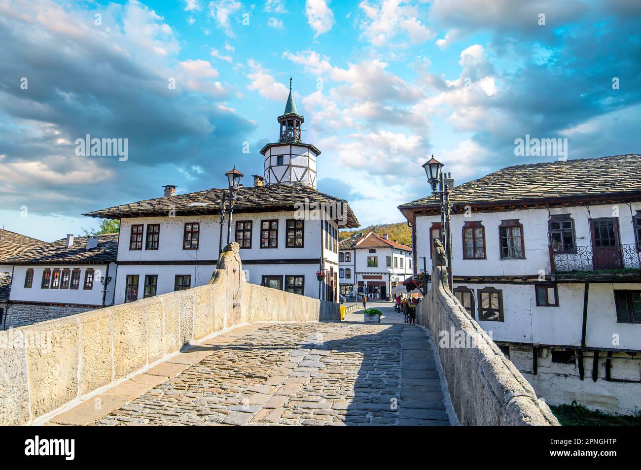 TRYAVNA, BULGARIA. The Clock tower and the stone bridge in the old town ...