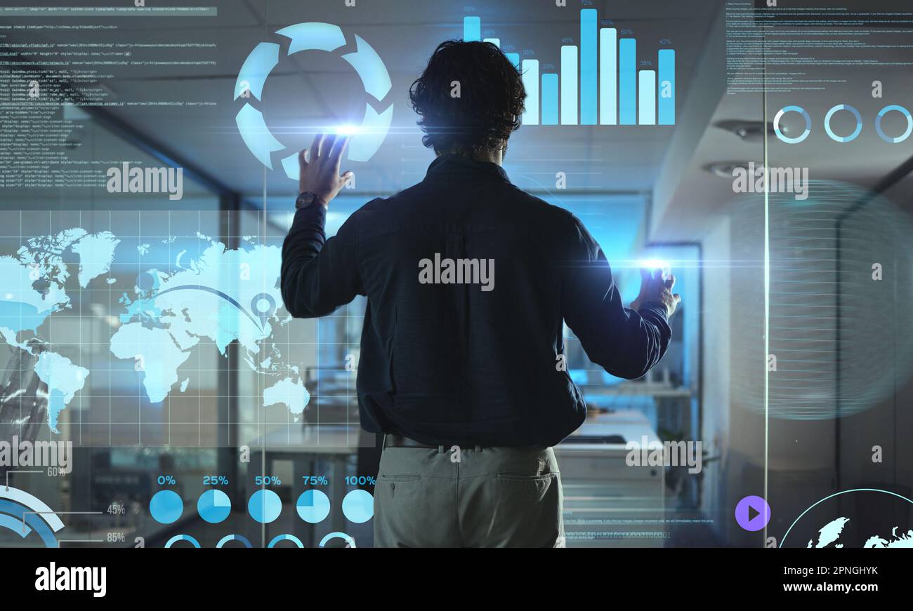 Business man, touchscreen and hologram of digital network, global data ...