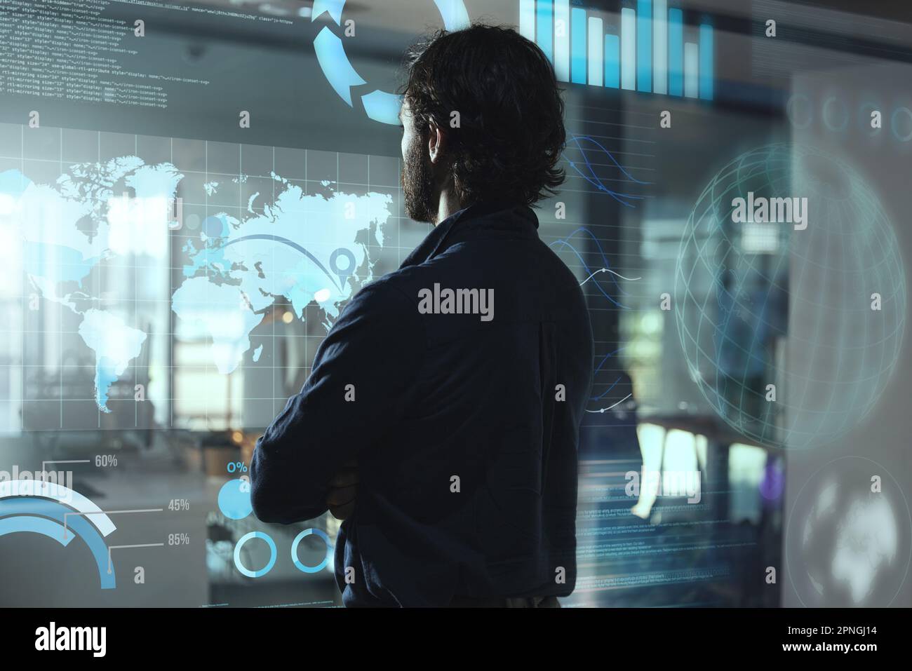 Monitor hologram, business man and data analytics for global networking, worldwide technology or ...