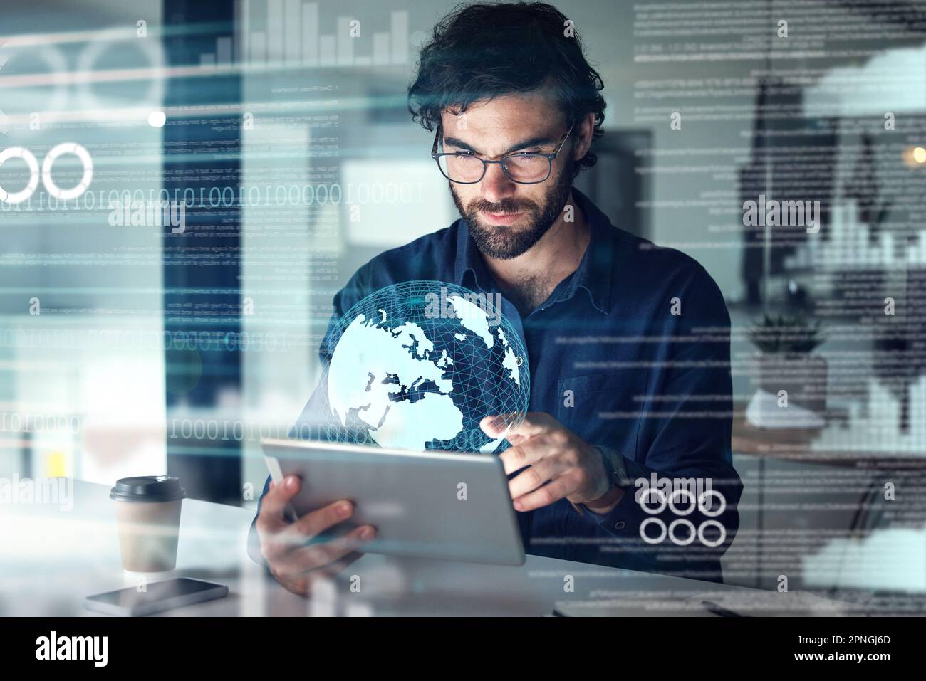 Business man, globe and tablet hologram with digital overlay for global ...