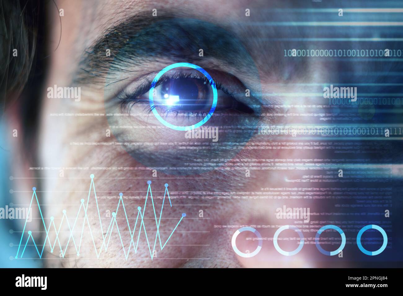 Futuristic, holographic or man with eye scan in digital cybersecurity ...