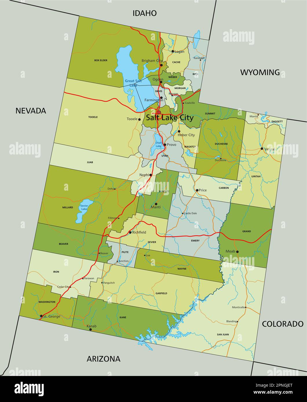 Highly detailed editable political map with separated layers. Utah ...