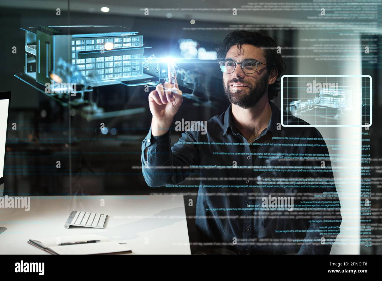 Business man, architecture and building hologram for smart home design ...