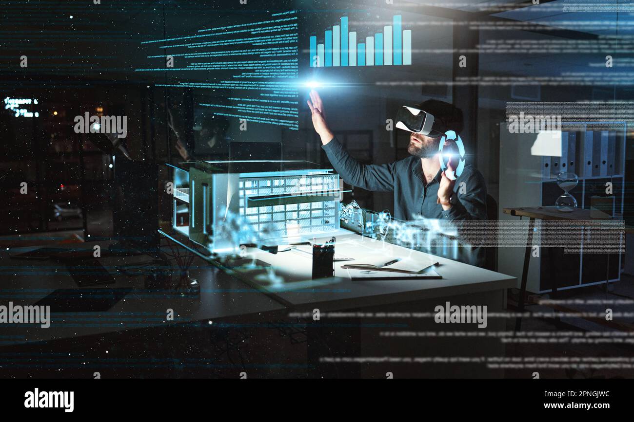 Architecture hologram, engineering or man in vr with blueprint data or ...