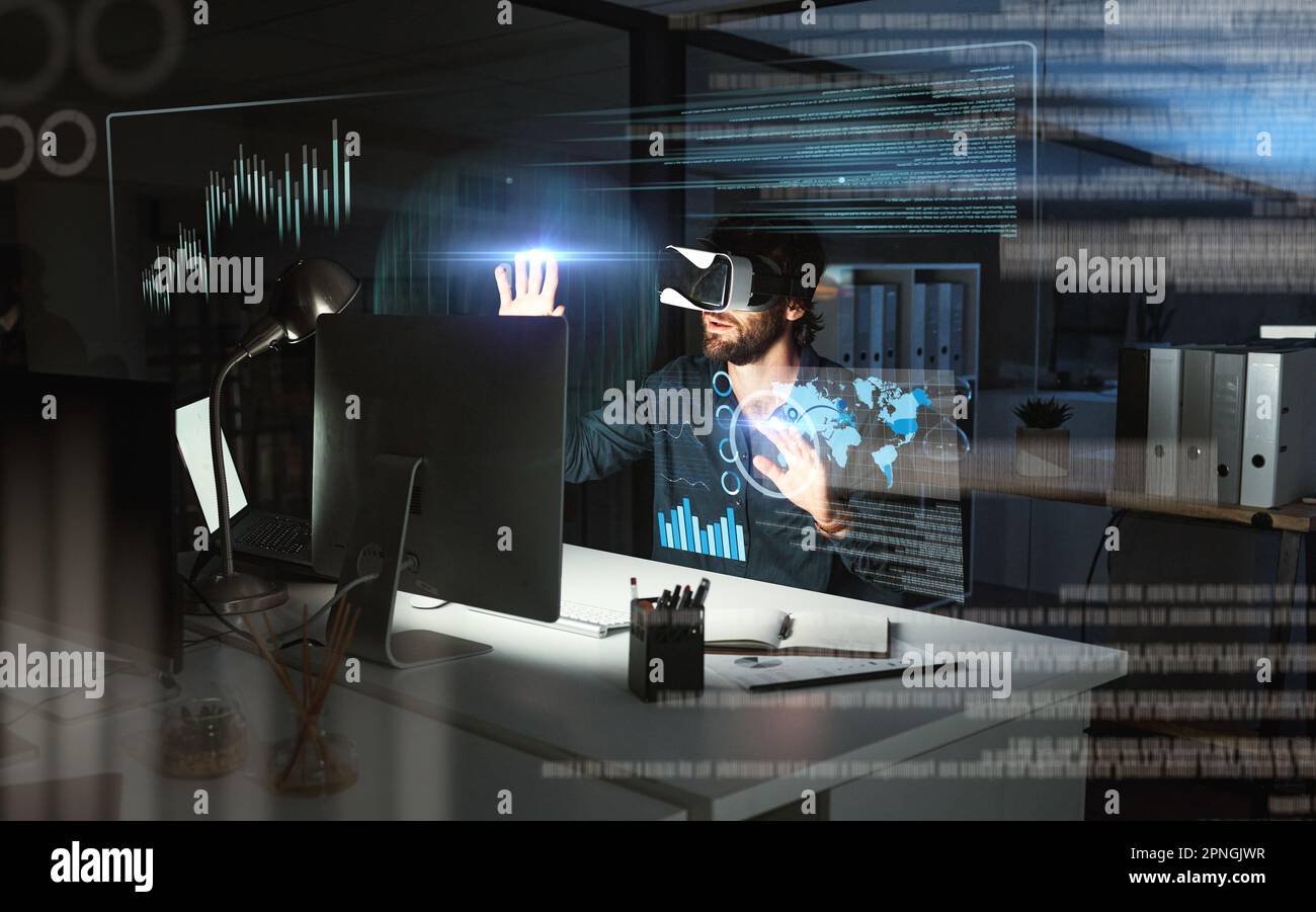 Virtual reality, business man and data in office by computer for ...