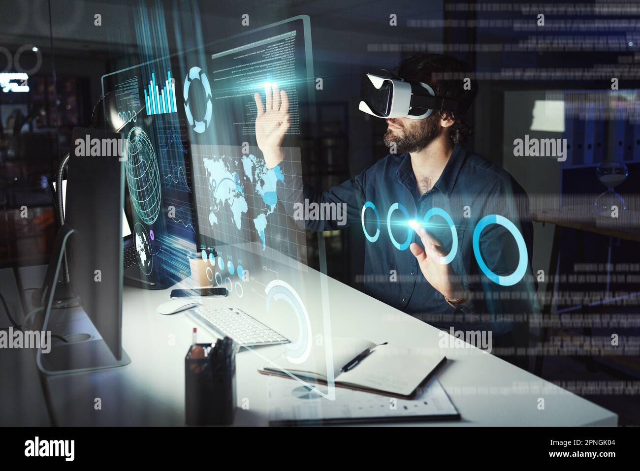 Virtual reality, business man and touch hologram in office by computer ...