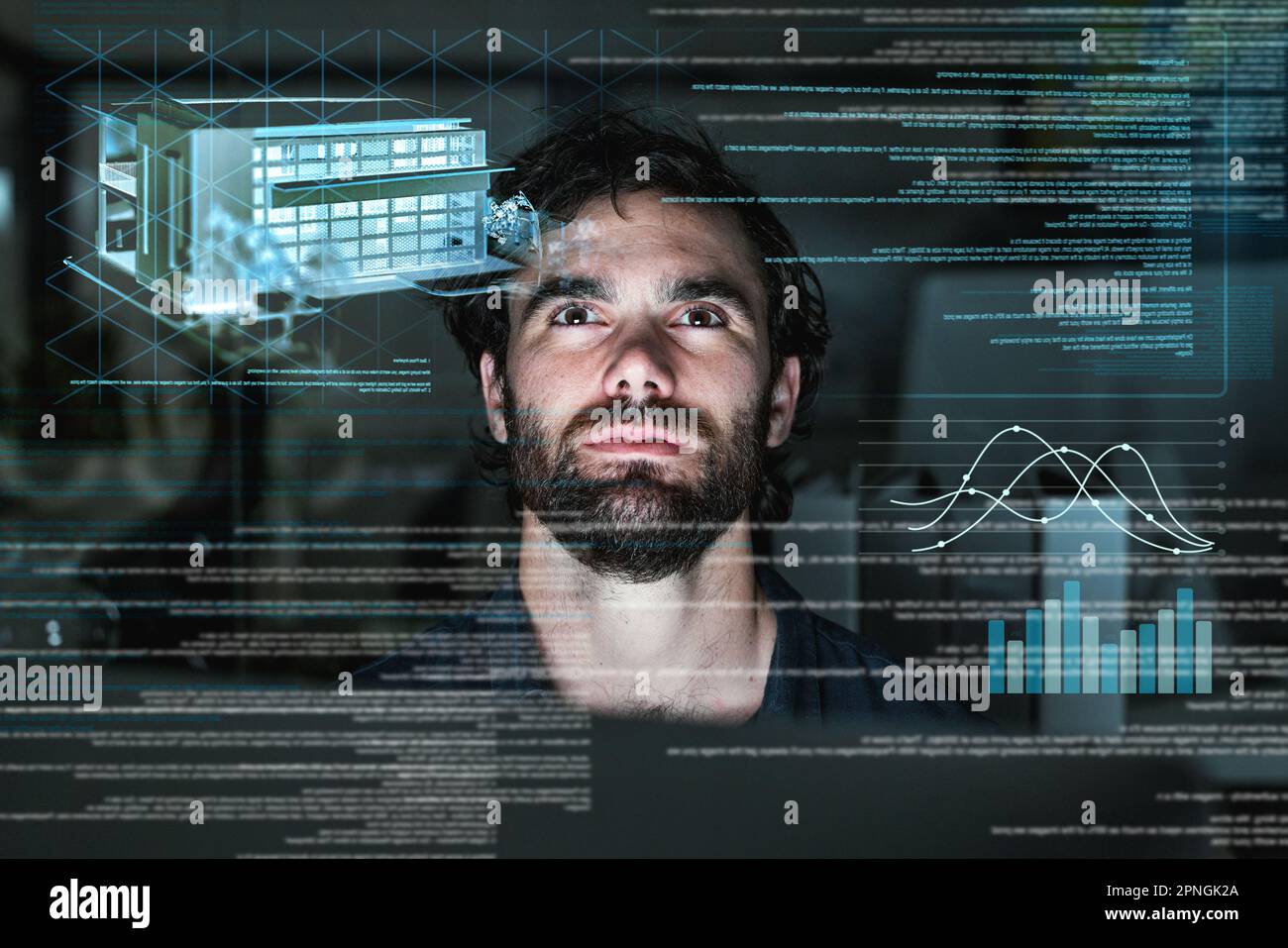 Architecture, hologram and business man with data analytics, focus and overlay for digital ...