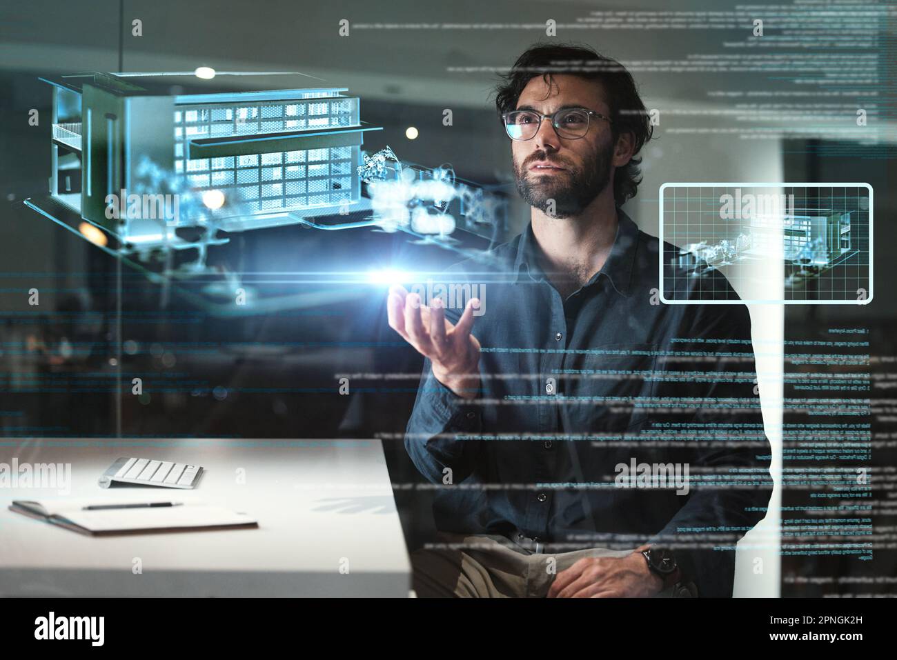 Business man, architecture and design hologram in data analysis, focus ...