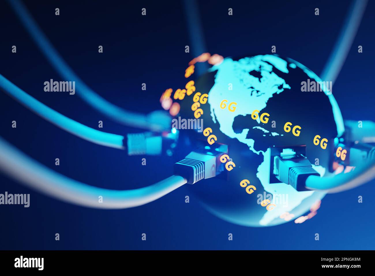 Background with internet cable connected to the earth and 6G letters ...
